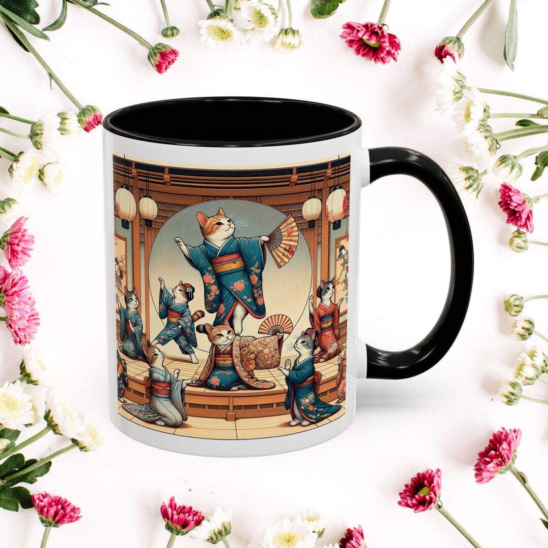 Cute Geisha Cat Mug Kimono Cat Lover Gift, Japanese Ukiyo Style Coffee ...