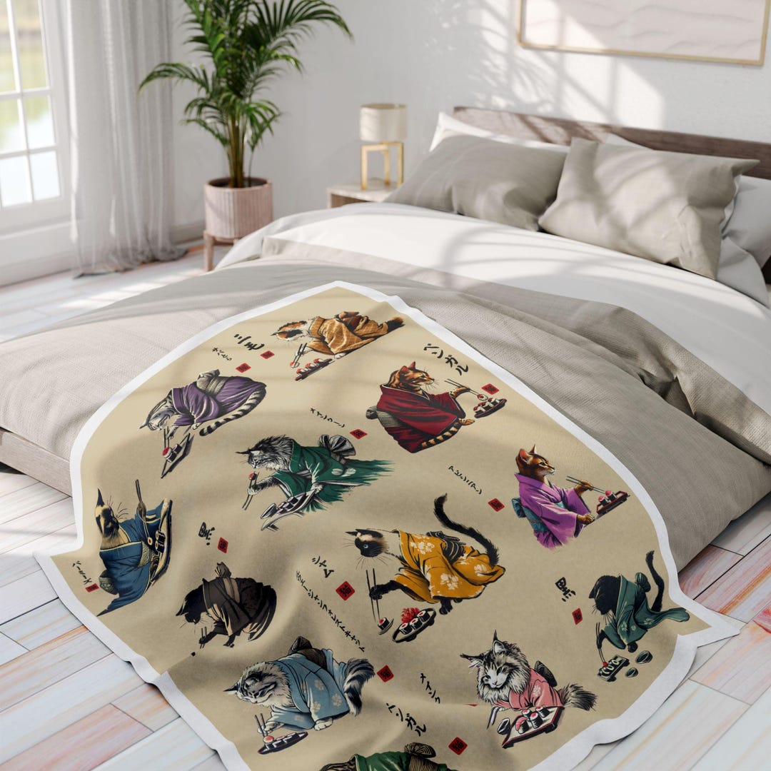 Sushi Cats Fleece Blanket, 50"x60" Cat Lover Throw, Cozy Winter Bedding ...