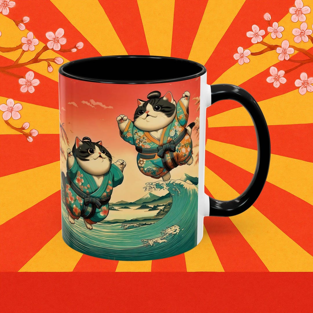 Kawaii Sumo Cat Coffee Mug | Japanese Ukiyo-e Accent Mug - Etsy
