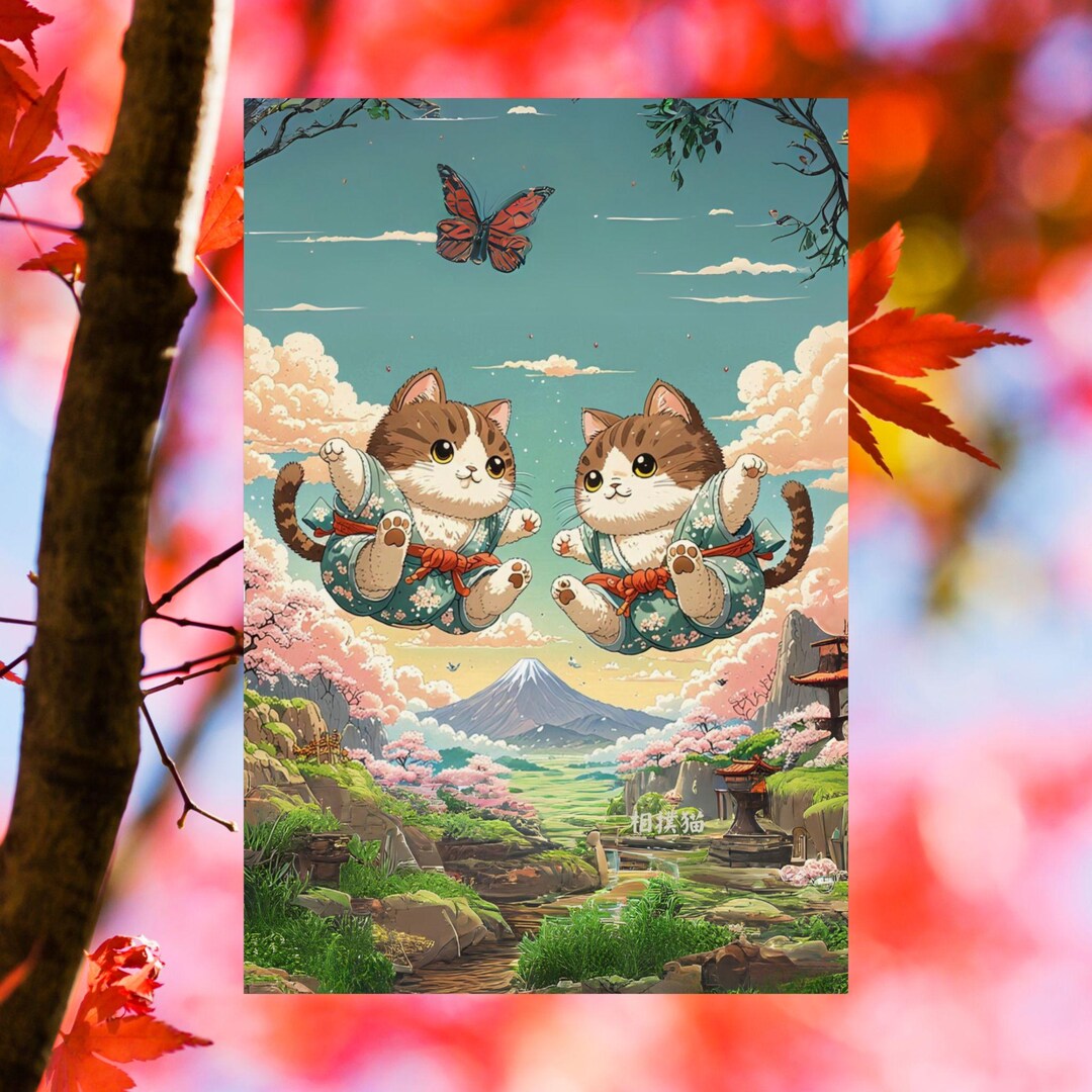 Sumo Cats Poster Japanese Decor, Cat Wall Art Print, Neko Kimono, Cute ...