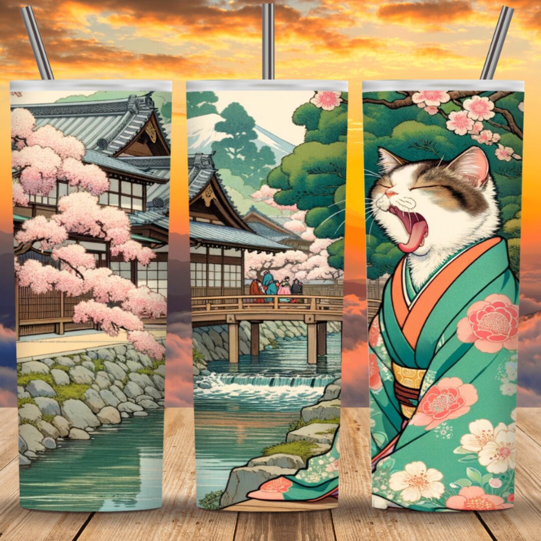 Kimono Kitty Tumbler Wrap PNG - Edo Japan Ukiyo-e, Haiku Art, Sleepy ...