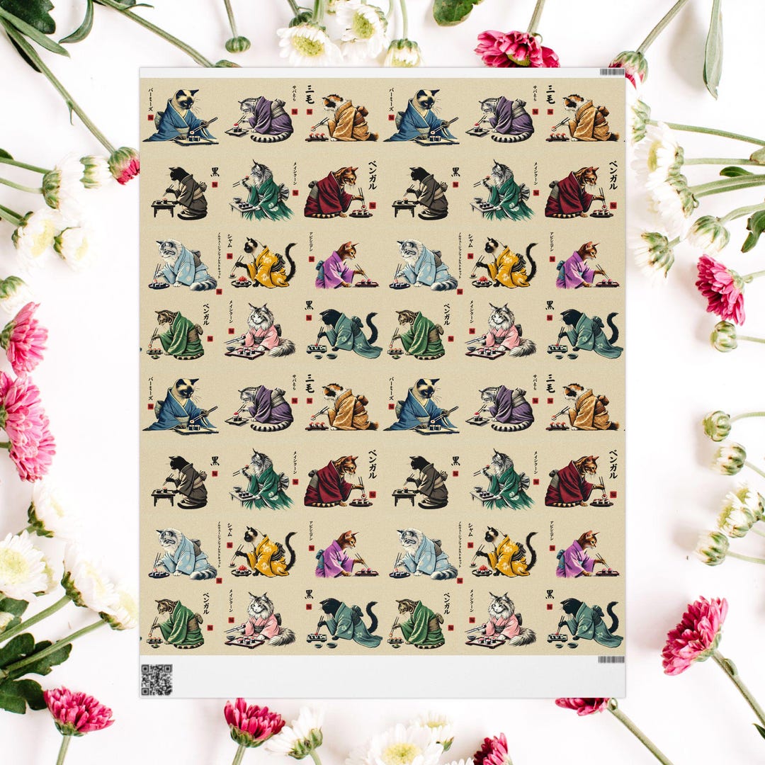 Kimono Cats Wrapping Paper: Japanese Sushi Neko Gift Wrap - Etsy