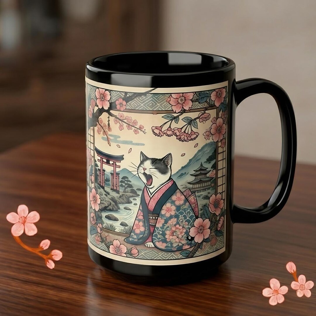 Geisha Cat Coffee Mug: Japanese Ukiyo-e Feline Art - Etsy