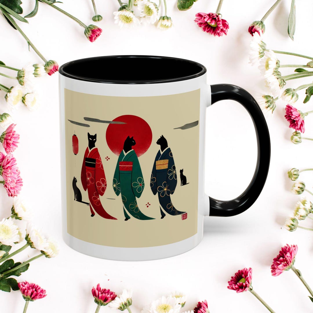 Black Cats Mug - Cute Japanese Ukiyo Cat Mom Coffee Cup Gift, Sleepy ...