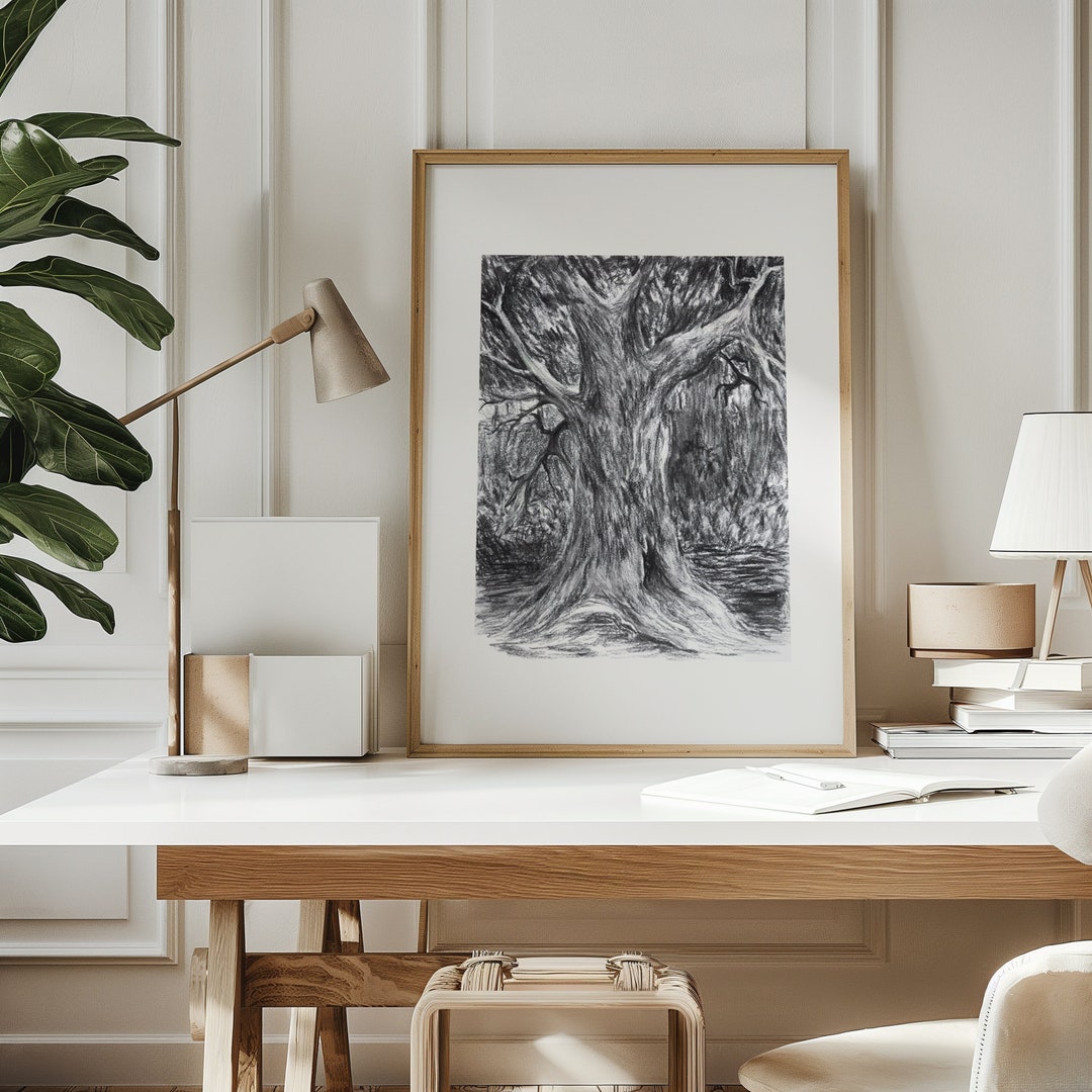OAK TREE Original Charcoal Sketch Art Print, Botanical Illustration ...