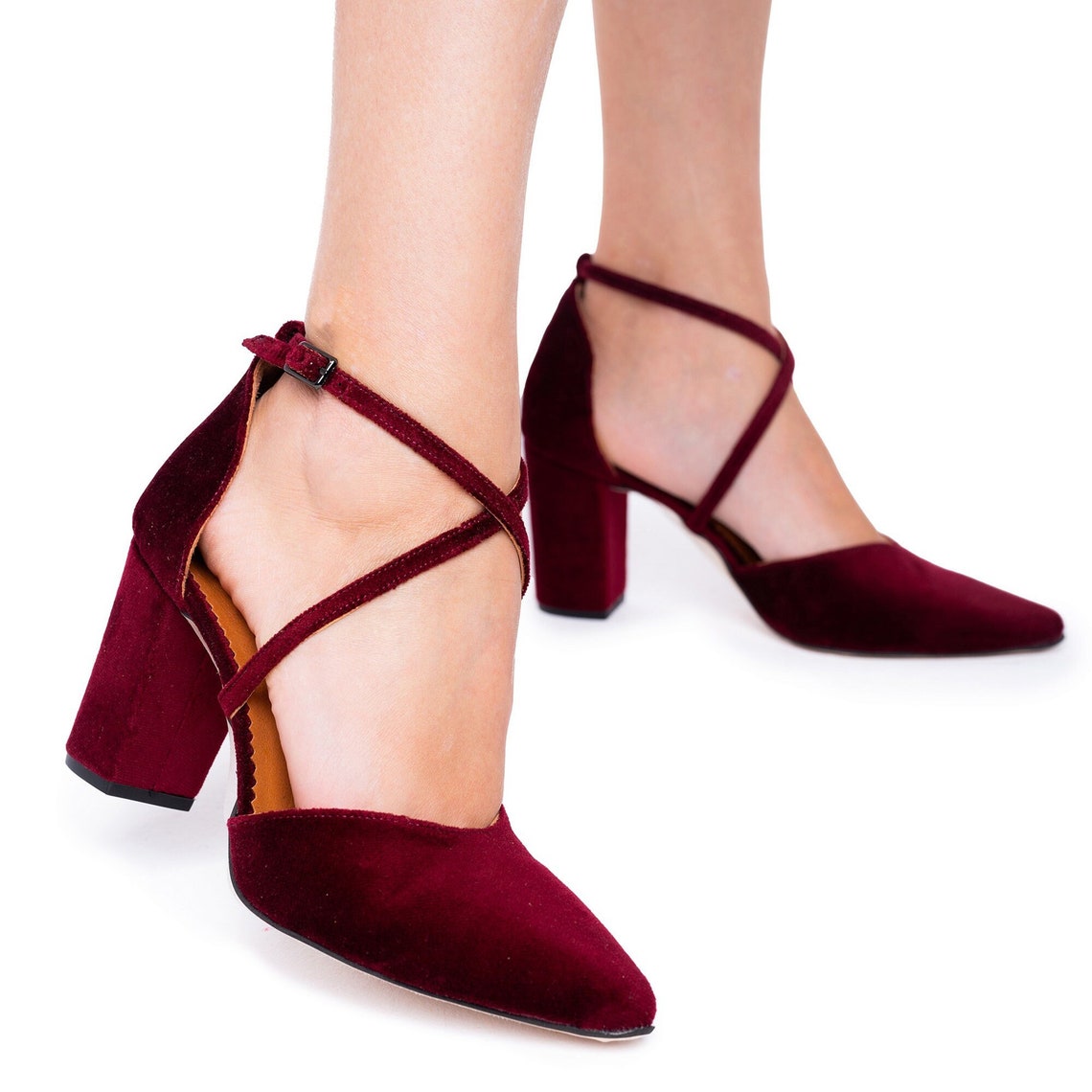 Ladies Bridal Shoes Burgundy Velvet Block Heels by Mavinleathershop ...