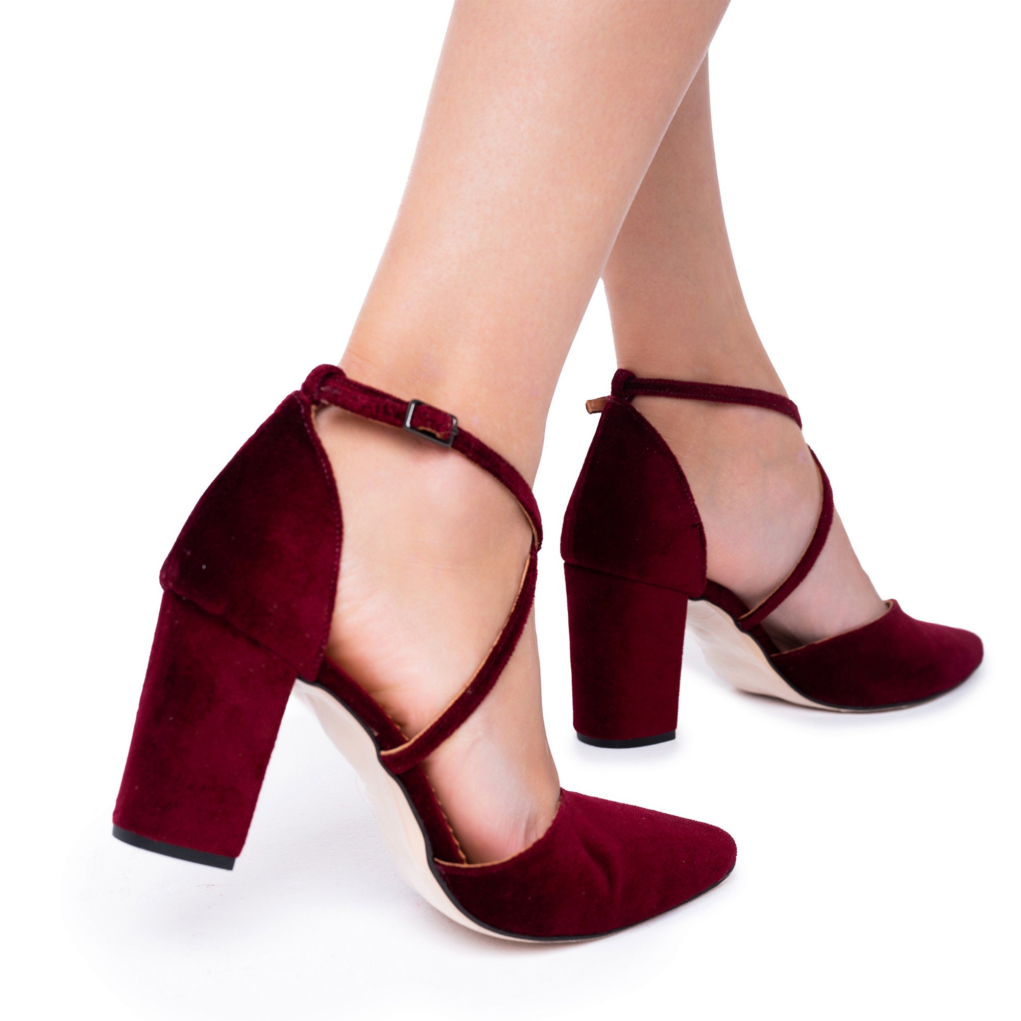 Ladies Bridal Shoes • Burgundy Velvet Block Heels • Velvet Crisscross ...