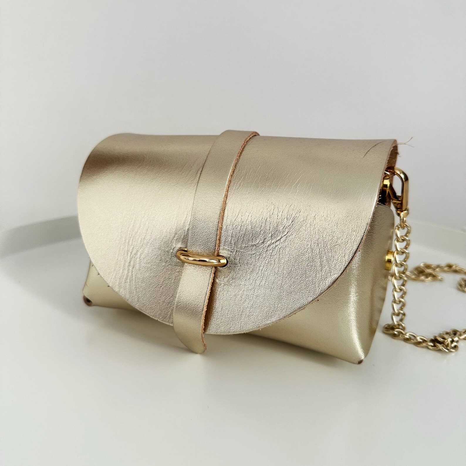 Gold Leather Shoulder Bag – Small Barrel Purse – Gift for Her – Elegant ...