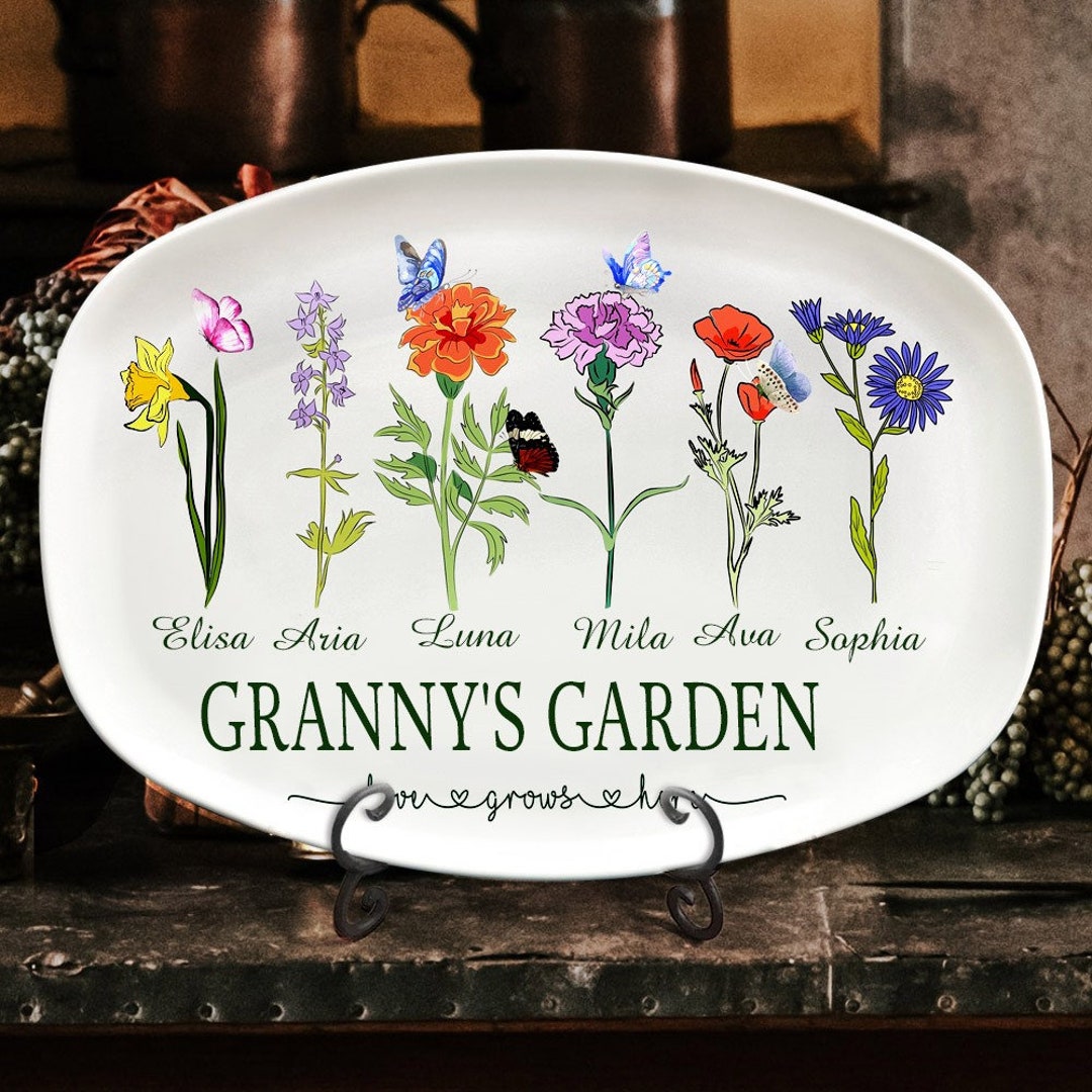 Grandma Birth Month Flower Garden Plate, Personalized Platter, Family ...