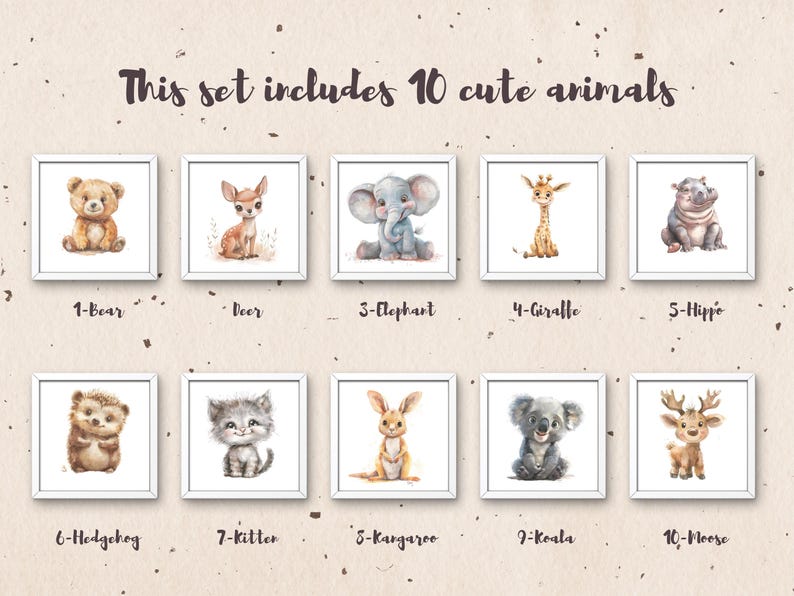 Watercolour Cute Baby Animal Clipart - Set of 10 Printable Baby Animals ...