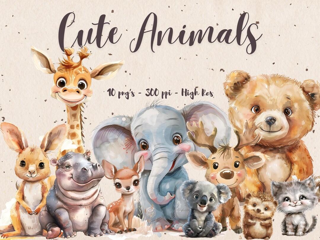 Watercolour Cute Baby Animal Clipart - Set of 10 Printable Baby Animals ...