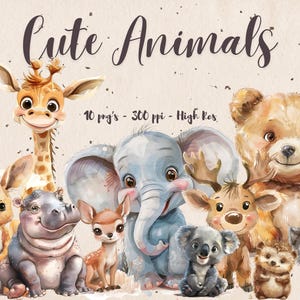 Watercolour Cute Baby Animal Clipart - Set of 10 Printable Baby Animals ...