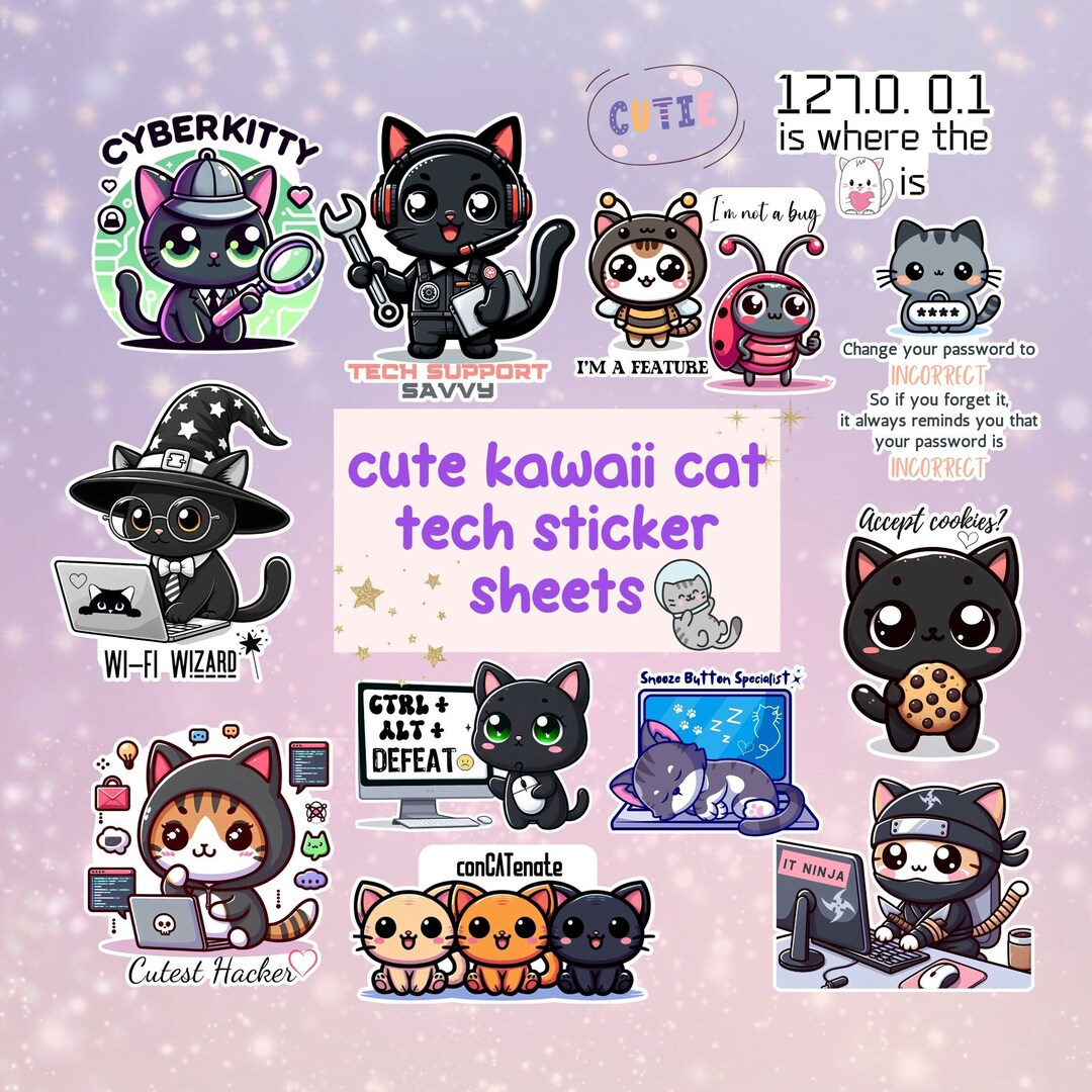 Kawaii Cat IT Tech Die-cut Sticker Sheet Cute Laptop Decal Bundle ...