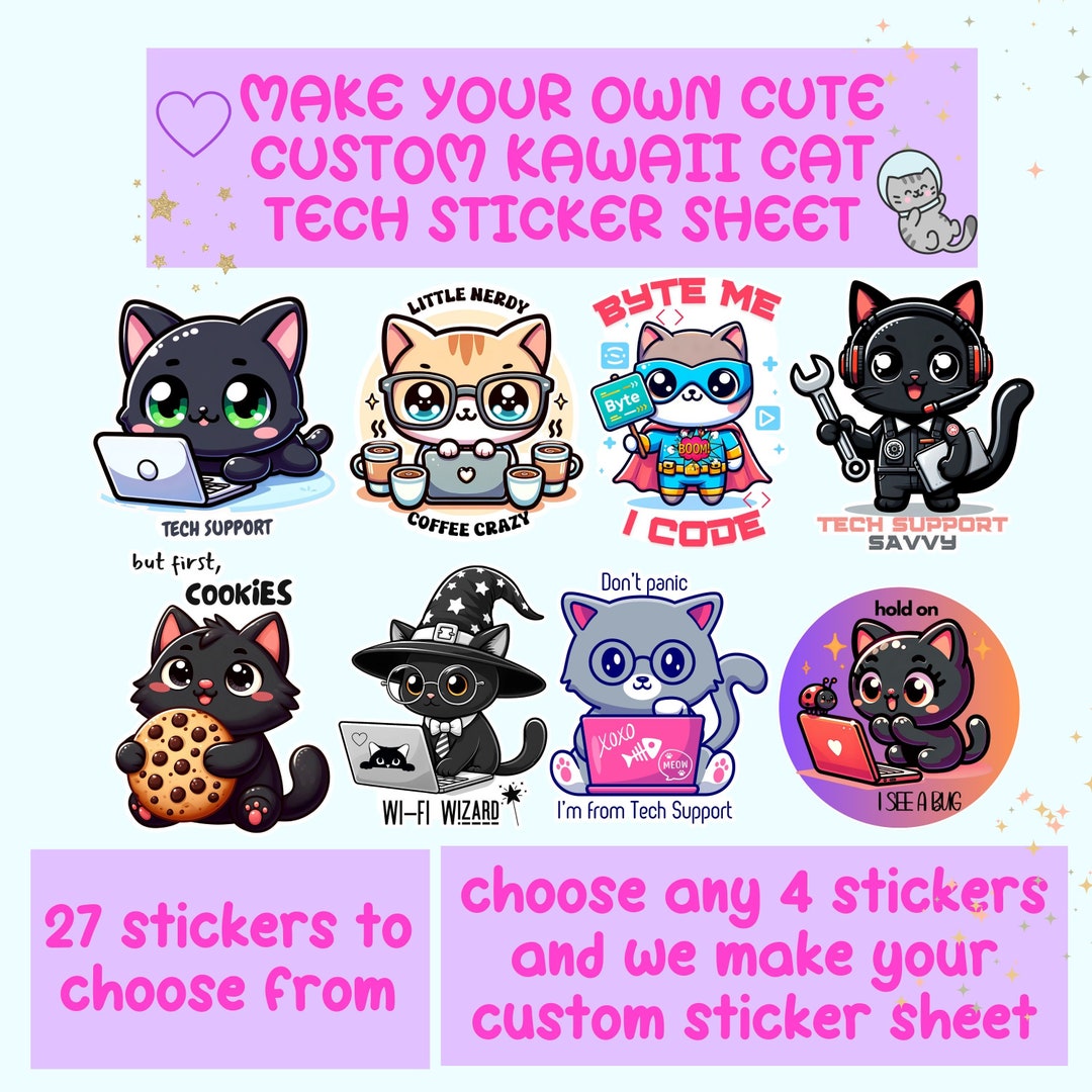 Custom Kawaii Cat IT Tech Die-cut Sticker Sheet Cute Laptop Decal ...