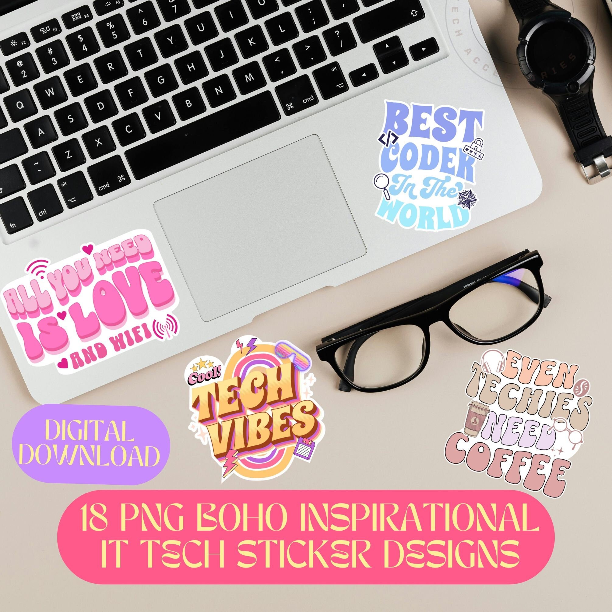 Boho Inspirational IT Tech Quotes PNG Sticker Bundle Printable Groovy ...