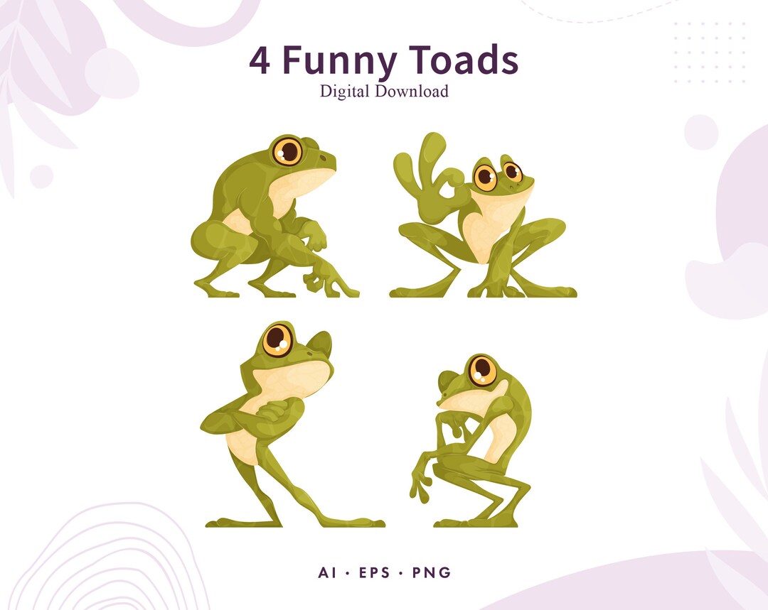4 Funny Toads in Different Poses. Green Toad of Interesting Cartoon ...