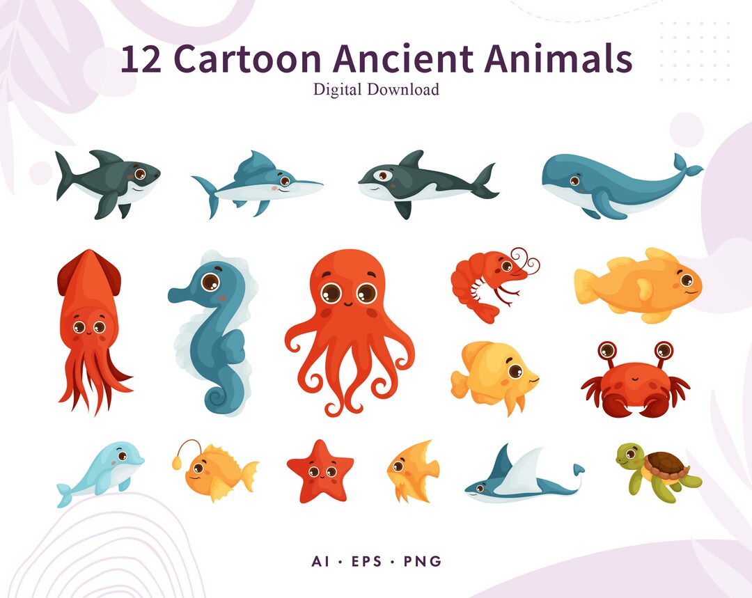 Sea Animals. Cute Whale, Squid, Octopus, Stingray, Jellyfish, Fish ...