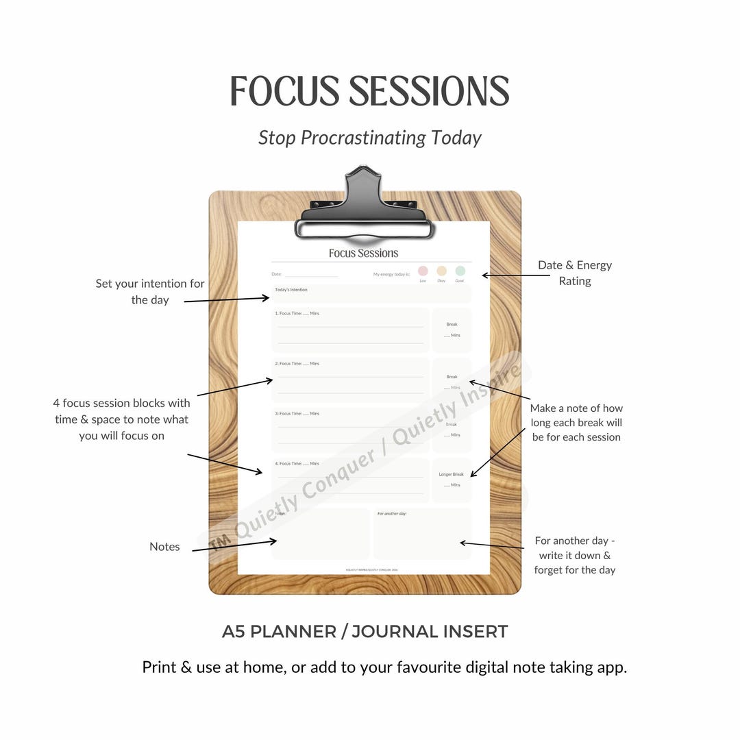 Focus Sessions Planner | Printable Time Blocking Insert (A5 Digital ...