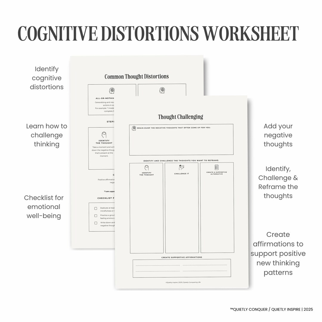 CBT Thought Distortions Worksheet: Printable Therapy Journal (PDF, A5 ...