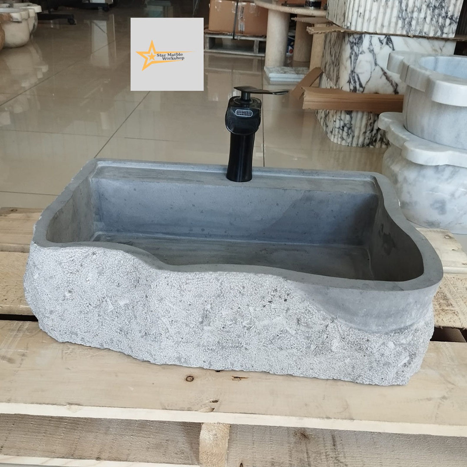 Basalt Black Stone Sink - With Faucet Hole - 100% Natural Stone ...