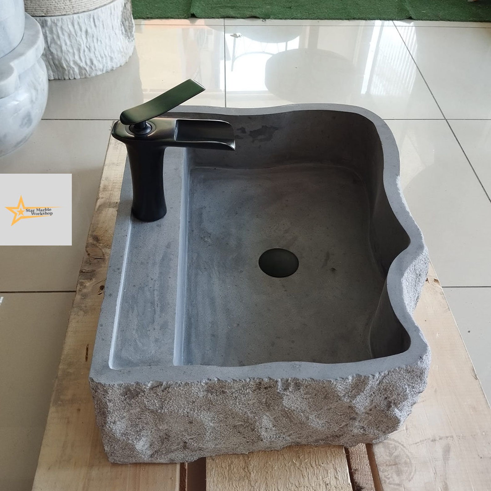 Basalt Black Stone Sink - With Faucet Hole - 100% Natural Stone ...