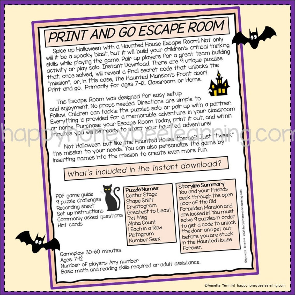 Haunted House Escape Room for Kids - Halloween - Printable Game ...