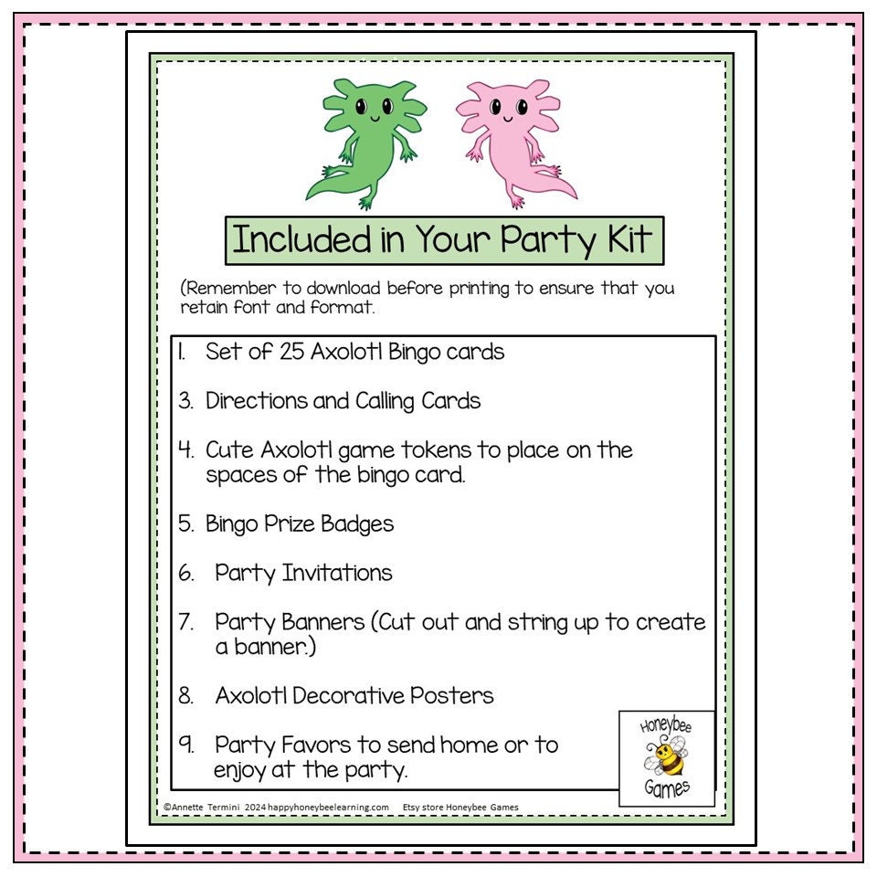 Axolotl BINGO Party for Kids - Complete Party Kit for Birthday Party or ...