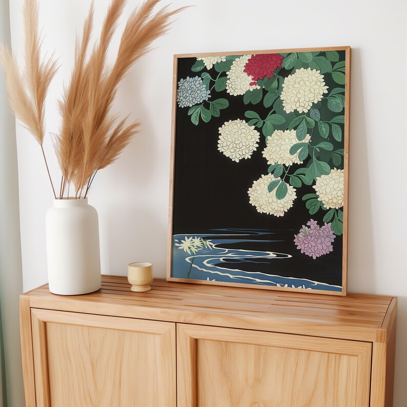 Printable Hydrangea Wall Art in Woodblock Print Japandi Art Style for ...