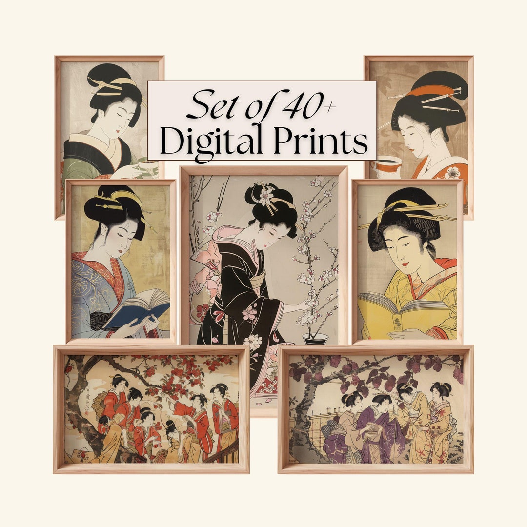 Mega Bundle Set of Geisha in Kimono Reading, Drinking Coffee, Doing ...