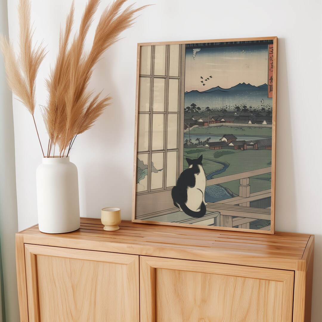 Printable Cat Looking Out Window Over Japanese Landscape for Japandi ...