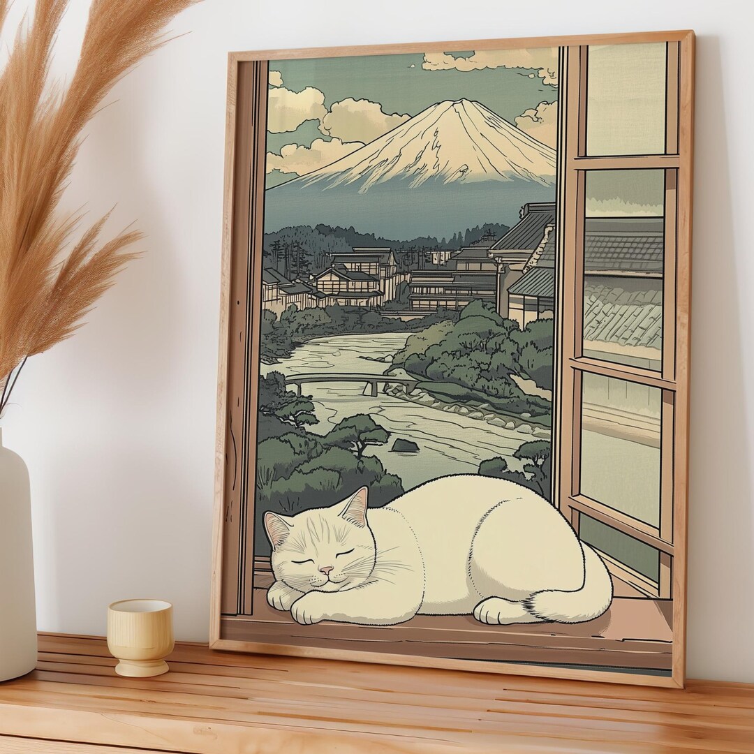 White Cat Sleeping in Window Japanese Cat Art for Cat Lover, Ukiyo-e ...