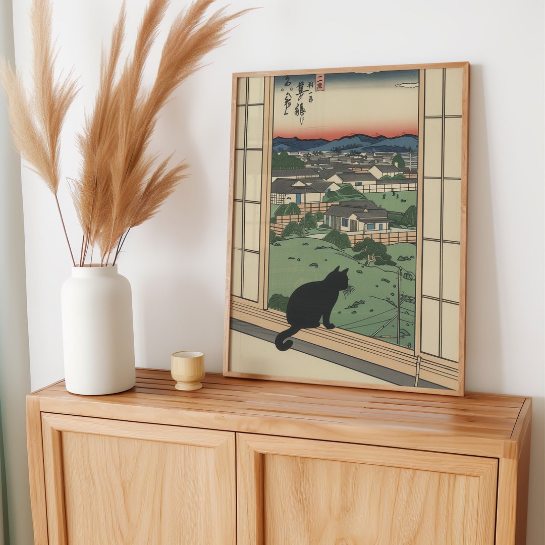 Printable Black Cat Looking Out Window Over Japanese Landscape for ...