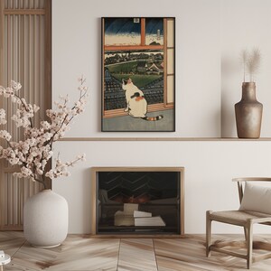 Printable Calico Cat Looking Out Window Over Japanese Landscape for ...