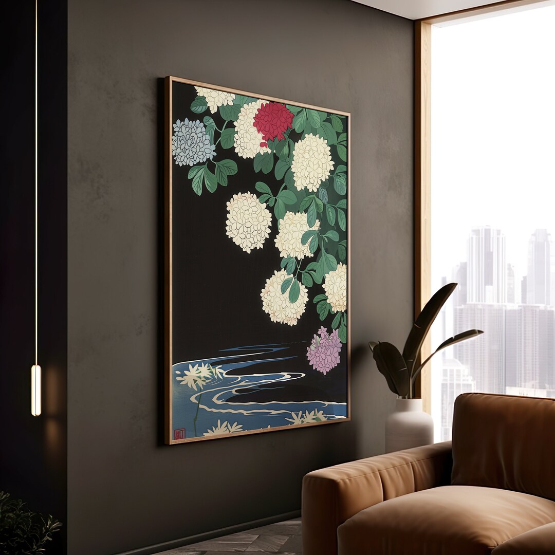 Printable Hydrangea Wall Art in Woodblock Print Japandi Art Style for ...