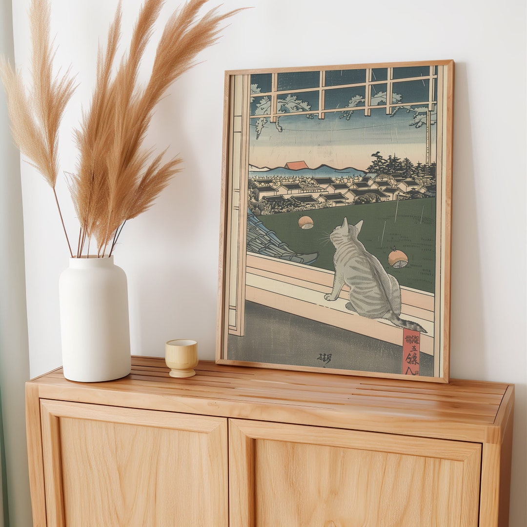 Printable Tabby Cat Looking Out Window Over Japanese Landscape for ...