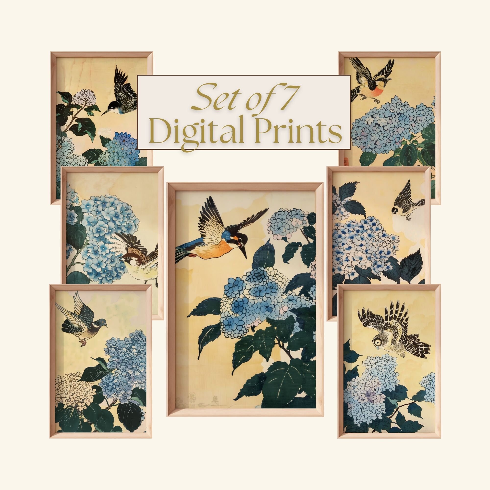 Instant Download Bundle of Hokusai Style Bird and Hydrangea Prints ...