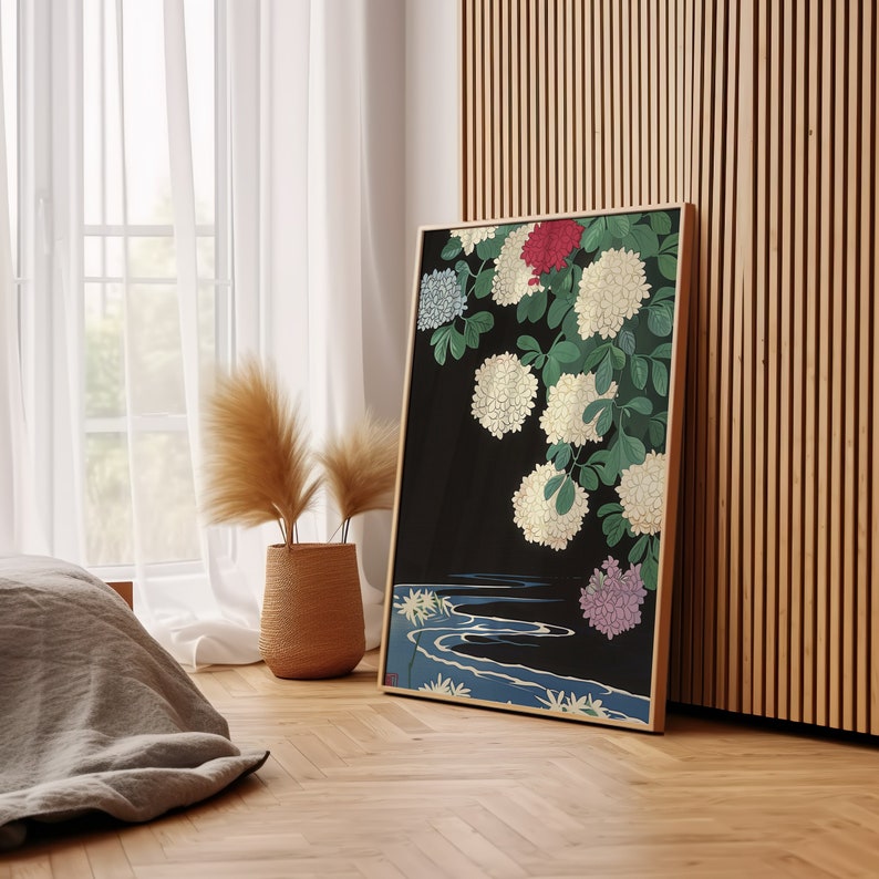 Printable Hydrangea Wall Art in Woodblock Print Japandi Art Style for ...