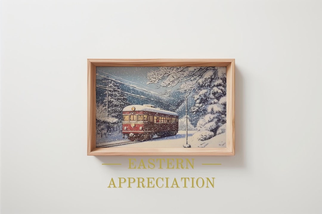Christmas Train Art in Vintage Japanese Woodblock Style, Winter Train ...