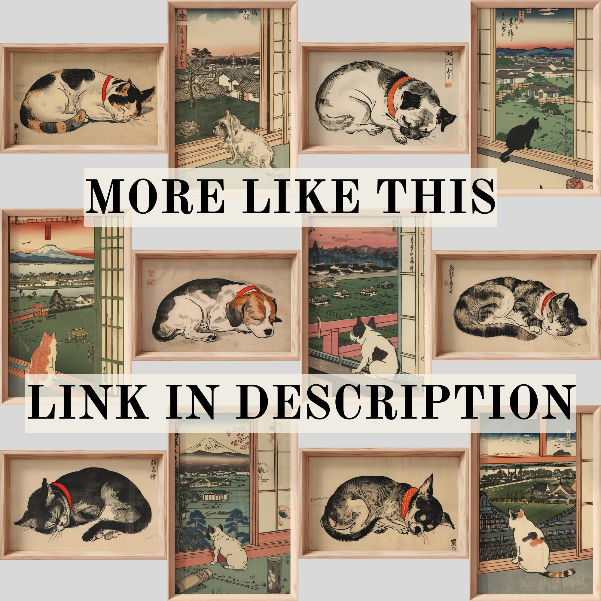 Printable Cat Looking Out Window Over Japanese Landscape for Japandi Wall Art Hiroshige ...