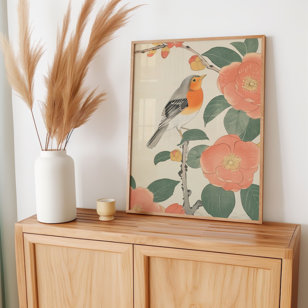 Printable Robin on Camellia Japonica Branch in Vintage Japanese ...