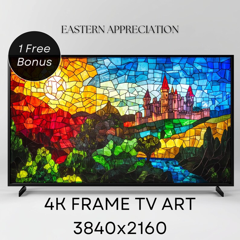 Medieval Core Tv Frame Art, Stained Glass Castle Landscape Desktop ...