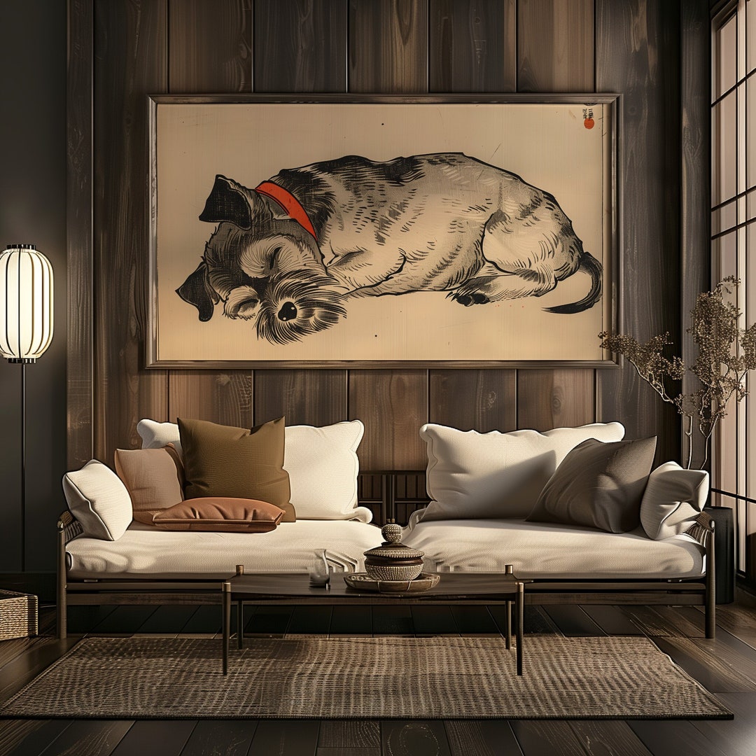 Digital Dog Art Print of a Sleeping Schnauzer in Vintage Japanese Style ...