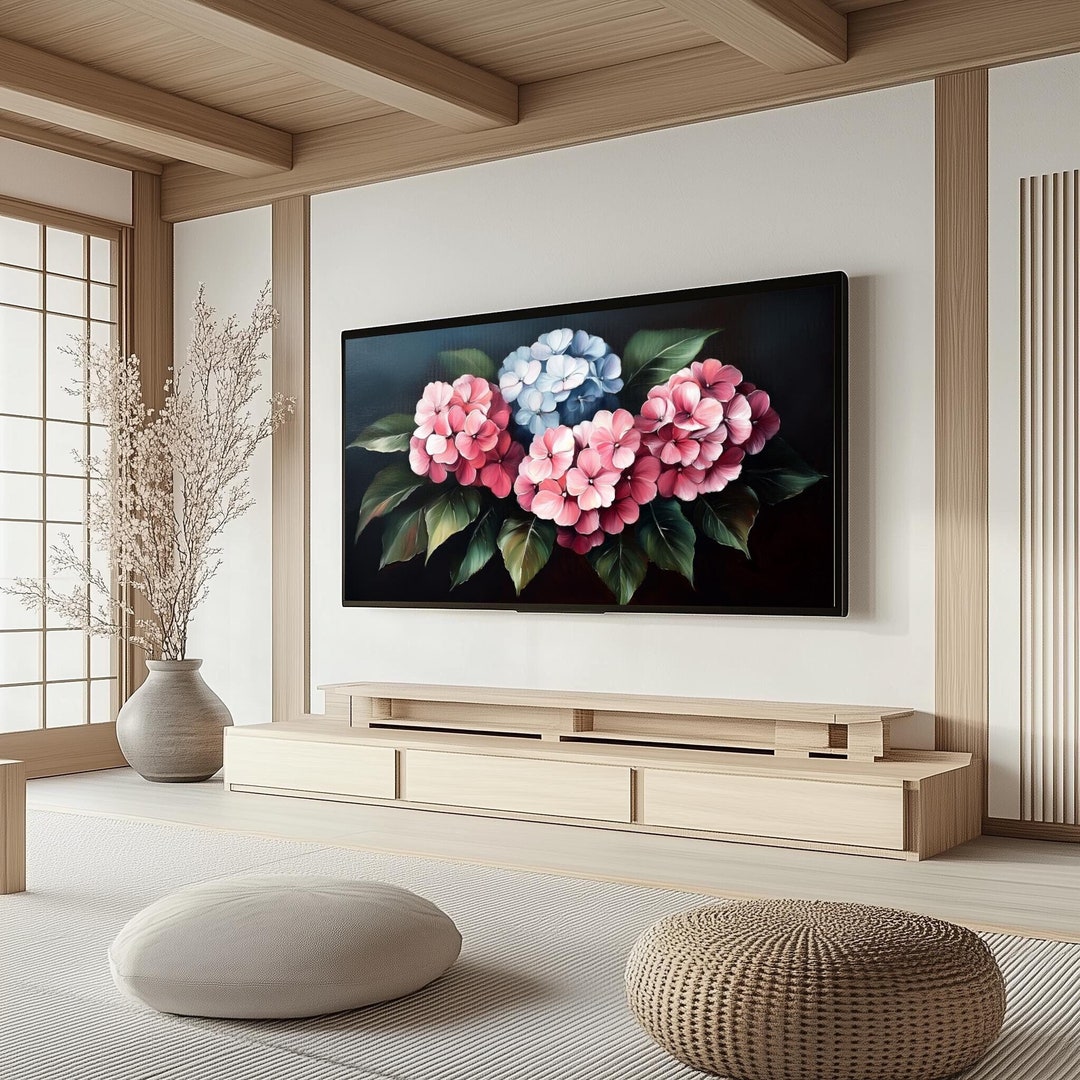 Pink Hydrangea Textured Frame TV Art, Dark & Moody Floral Digital Oil ...