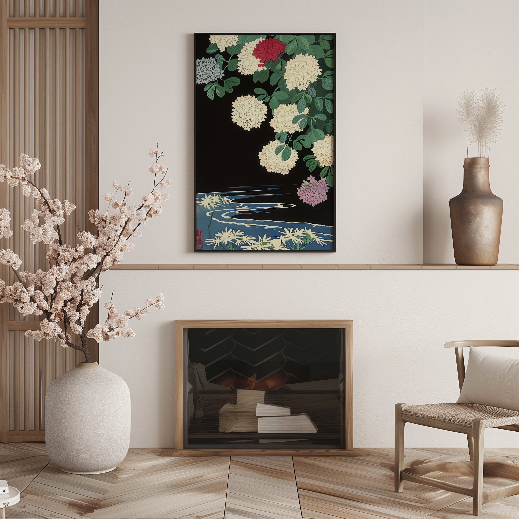 Printable Hydrangea Wall Art in Woodblock Print Japandi Art Style for ...