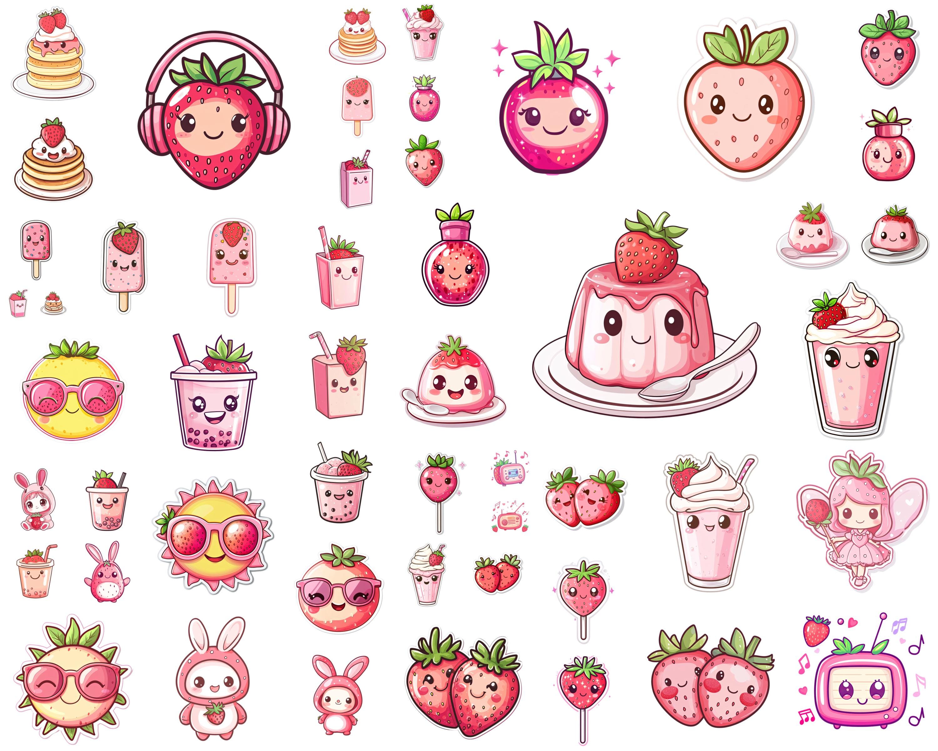 Kawaii Strawberry Clipart, Cute PNG Digital Download for Stickers ...