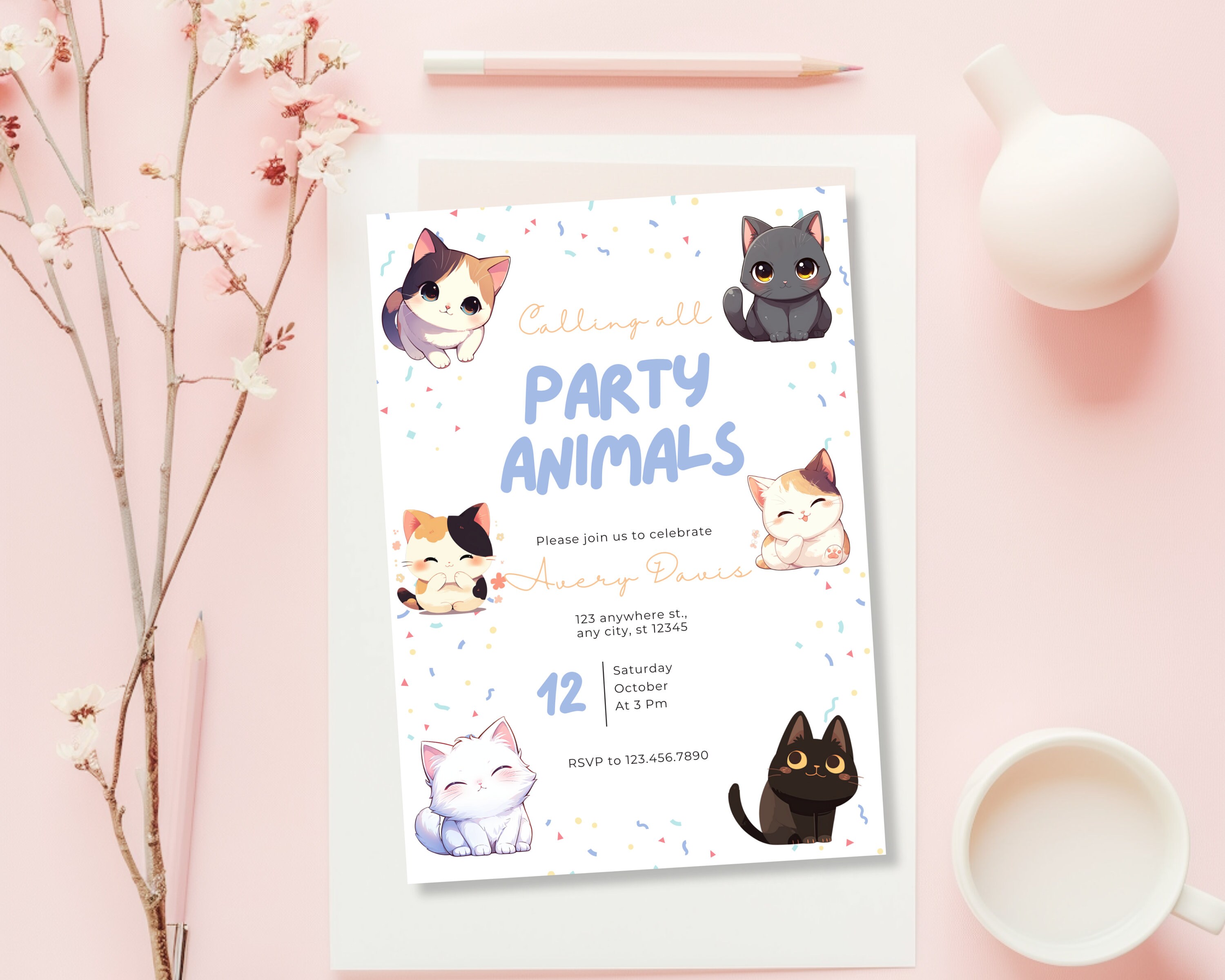 Kawaii Cat Clipart, Cute Cat Clipart, Birthday Cat Clipart, Kawaii ...