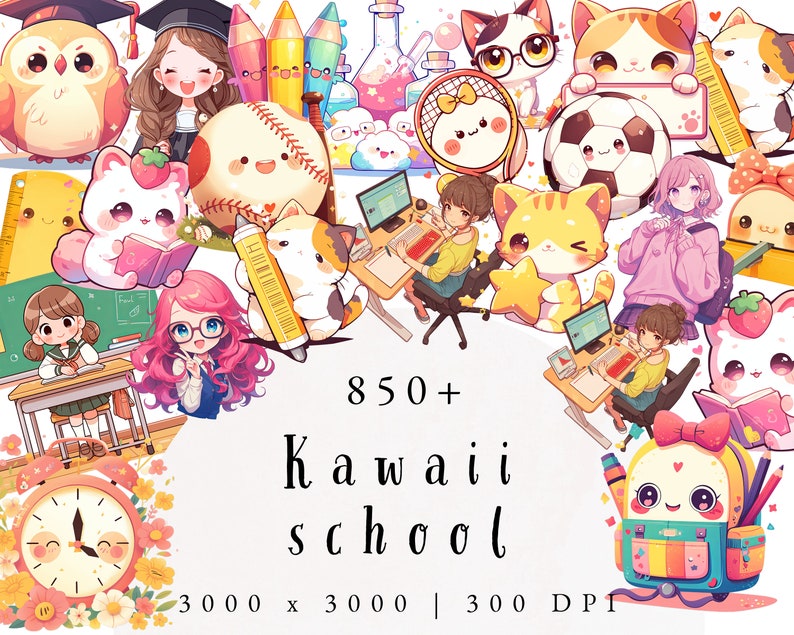 Kawaii School Clip Art, Kawaii School Supplies Clipart, College Clip ...