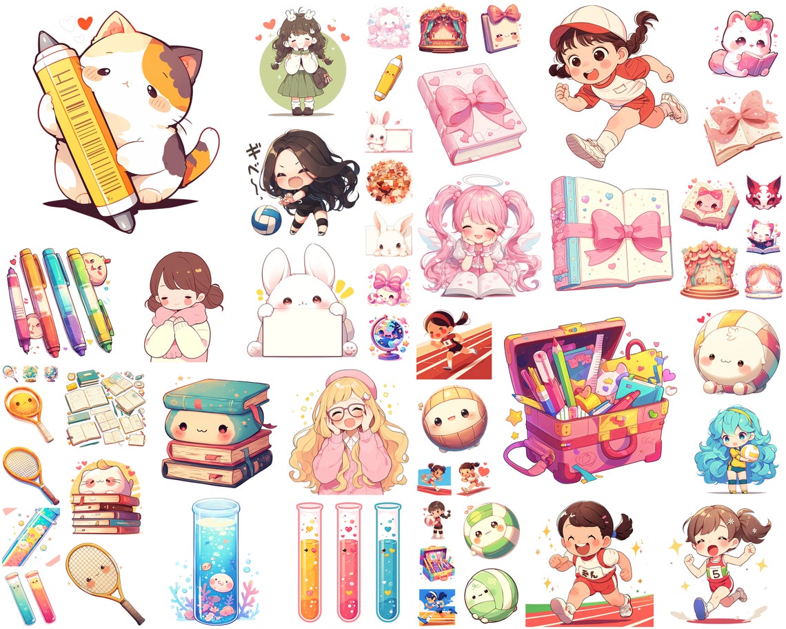 Kawaii School Clip Art, Kawaii School Supplies Clipart, College Clip ...