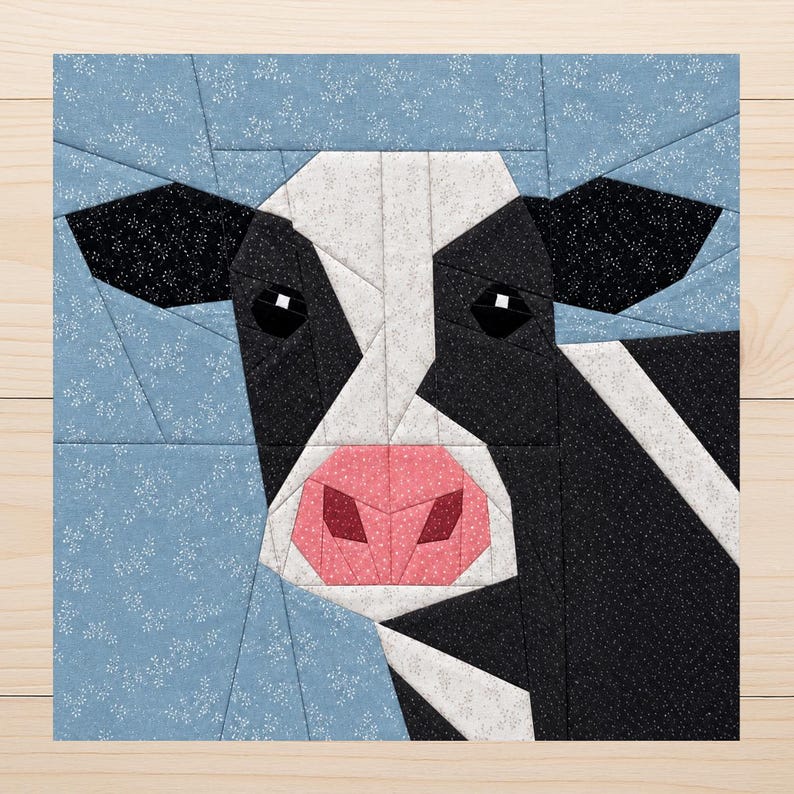 Farm Animal FPP Quilt Block Pattern - Geometric Cow Face Paper Piecing ...