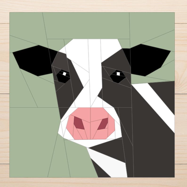 Farm Animal FPP Quilt Block Pattern - Geometric Cow Face Paper Piecing ...